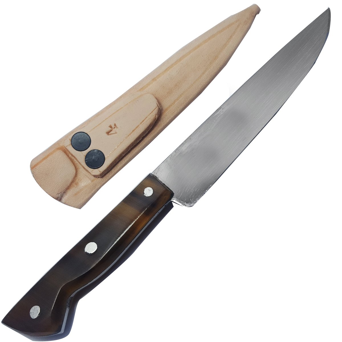 Faca Aço Carbono 4 Polegadas Cabo Chifre Bainha Couro Filete Mesclada