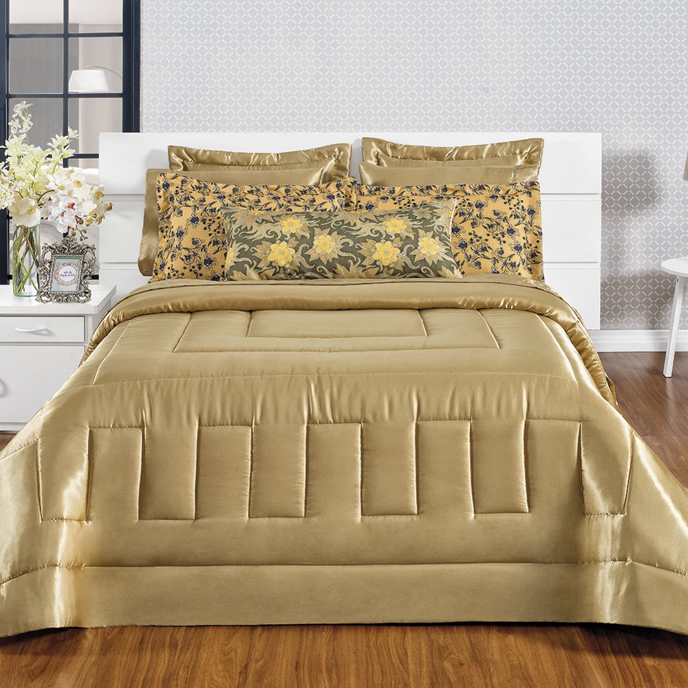 Kit Edredom King Size 7 Pçs Cetim Charmousse Dourado - Colombo Kit Edredom King Size 7 Pçs Cetim Charmousse Dourado - Colombo