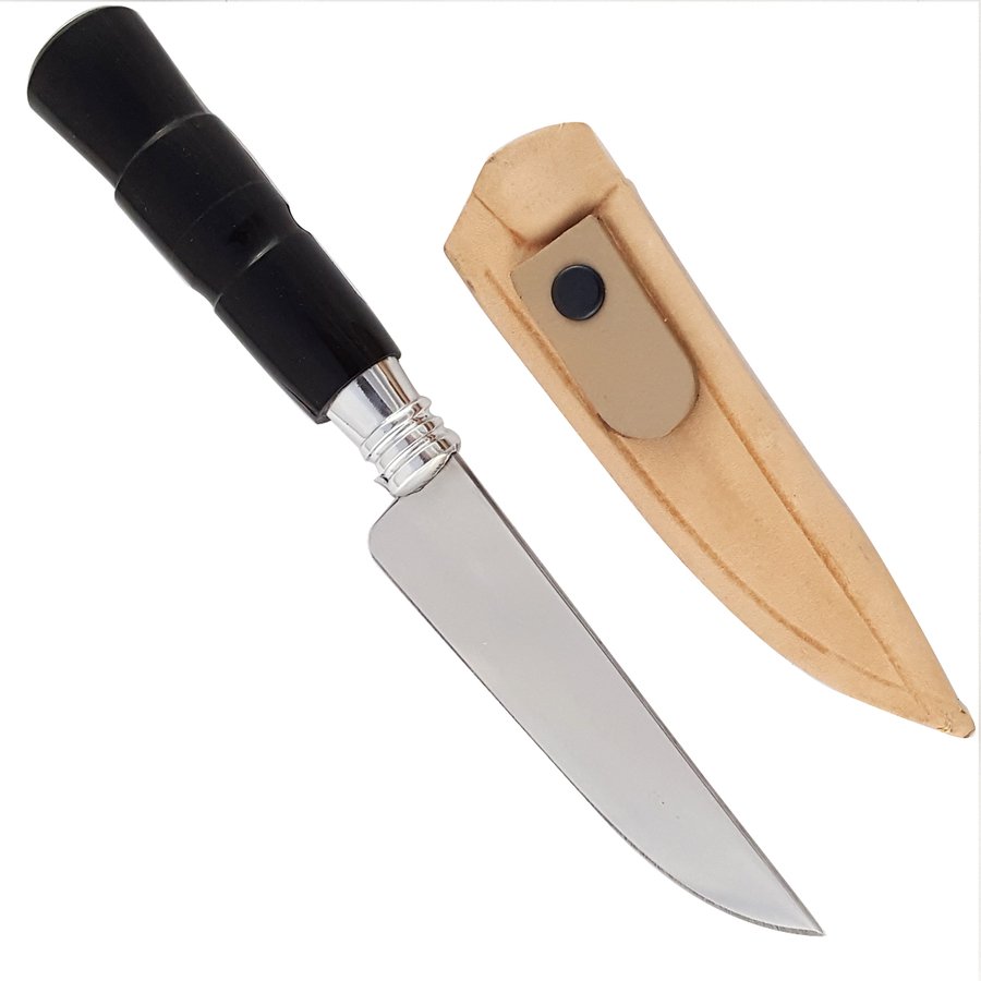 Faca Pequena 4'' Inox Cabo Torneado De Chifre Bainha Couro