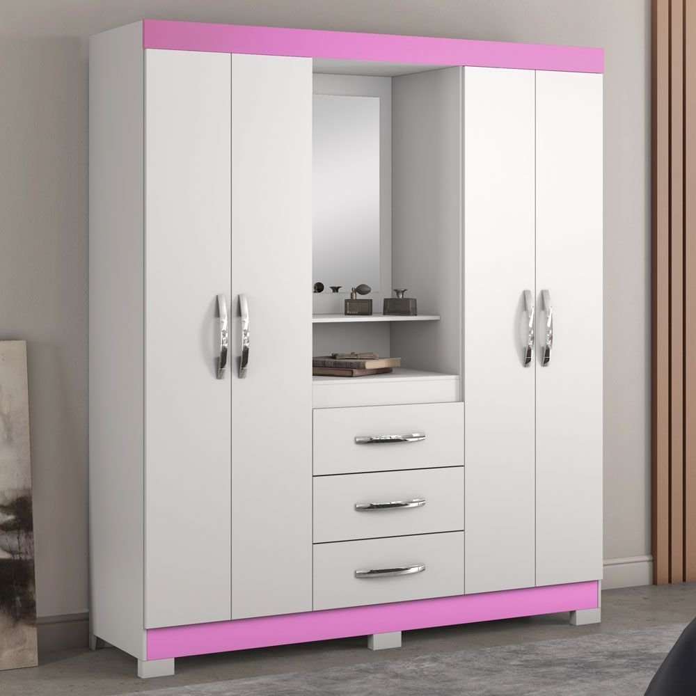 Guarda-roupa Infantil 4 Portas 3 Gavetas Com Espelho Nt5015 Rosa/branco ...