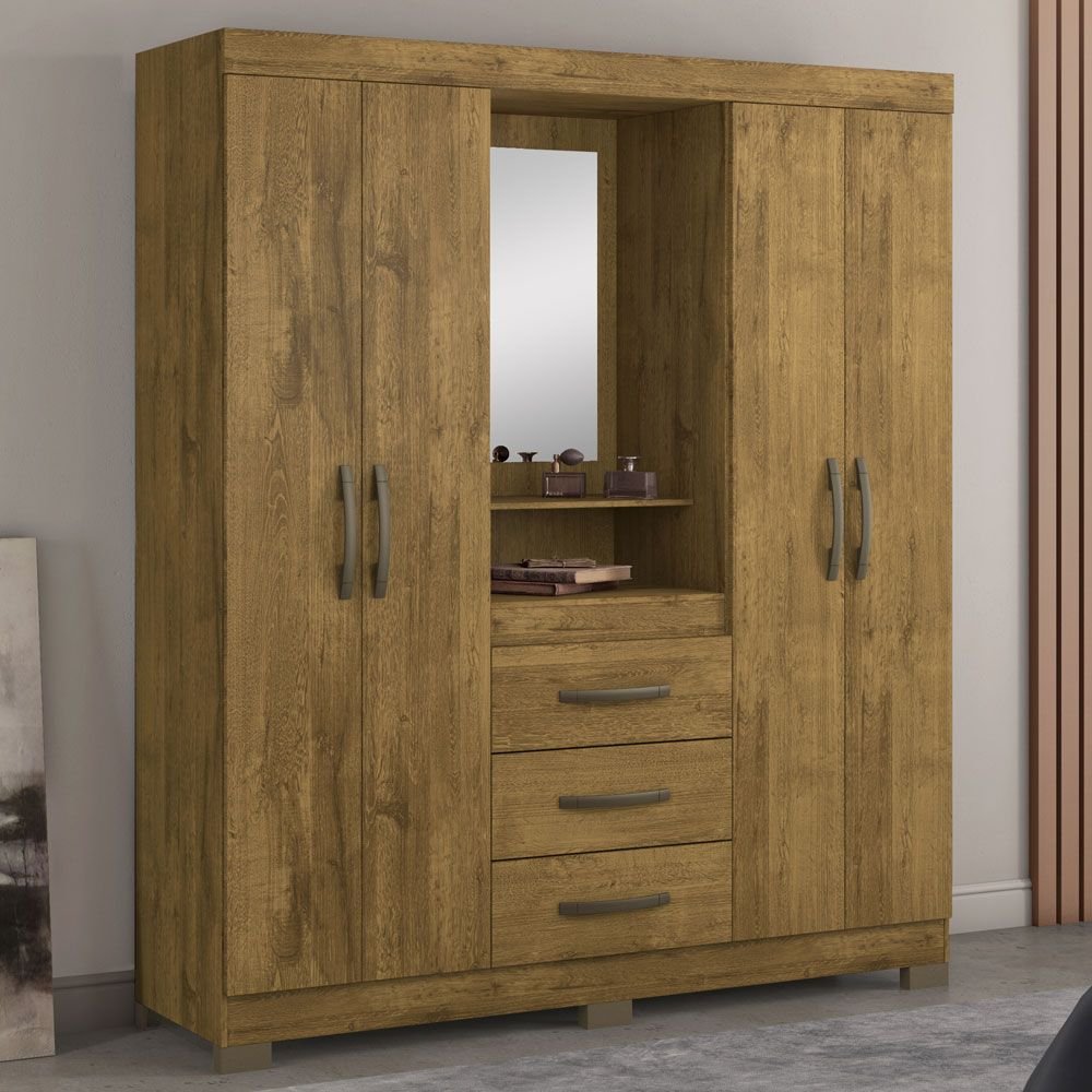 Guarda-roupa Solteiro 4 Portas 3 Gavetas Com Espelho Nt5015 Rustico ...