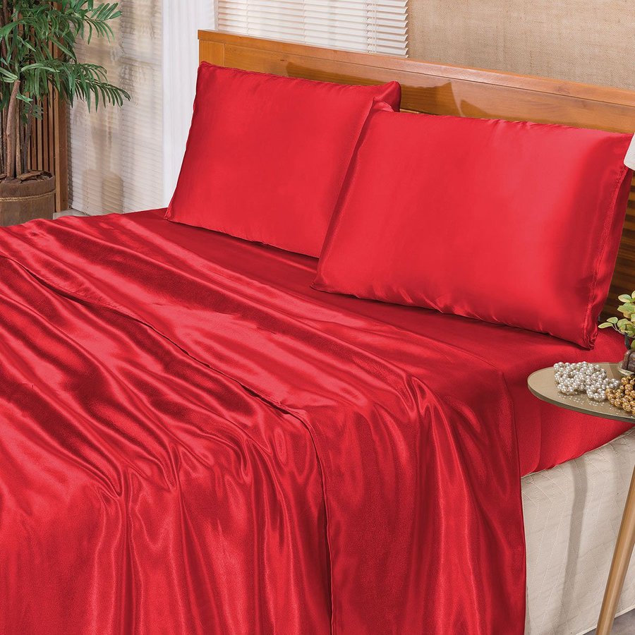Jogo de Cama Cetim Romantic Vermelho King 04 Peças - Colombo