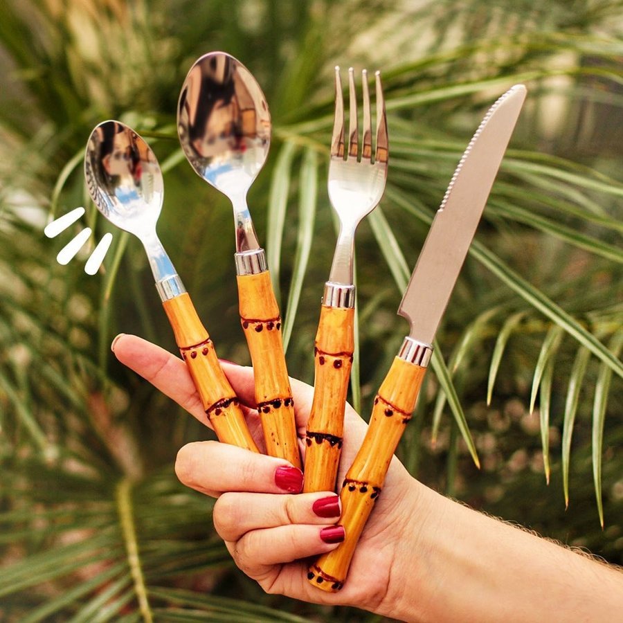 Conjunto de Talheres 24 peças de Aço Inox Cabo Bambu Lyor - Colombo