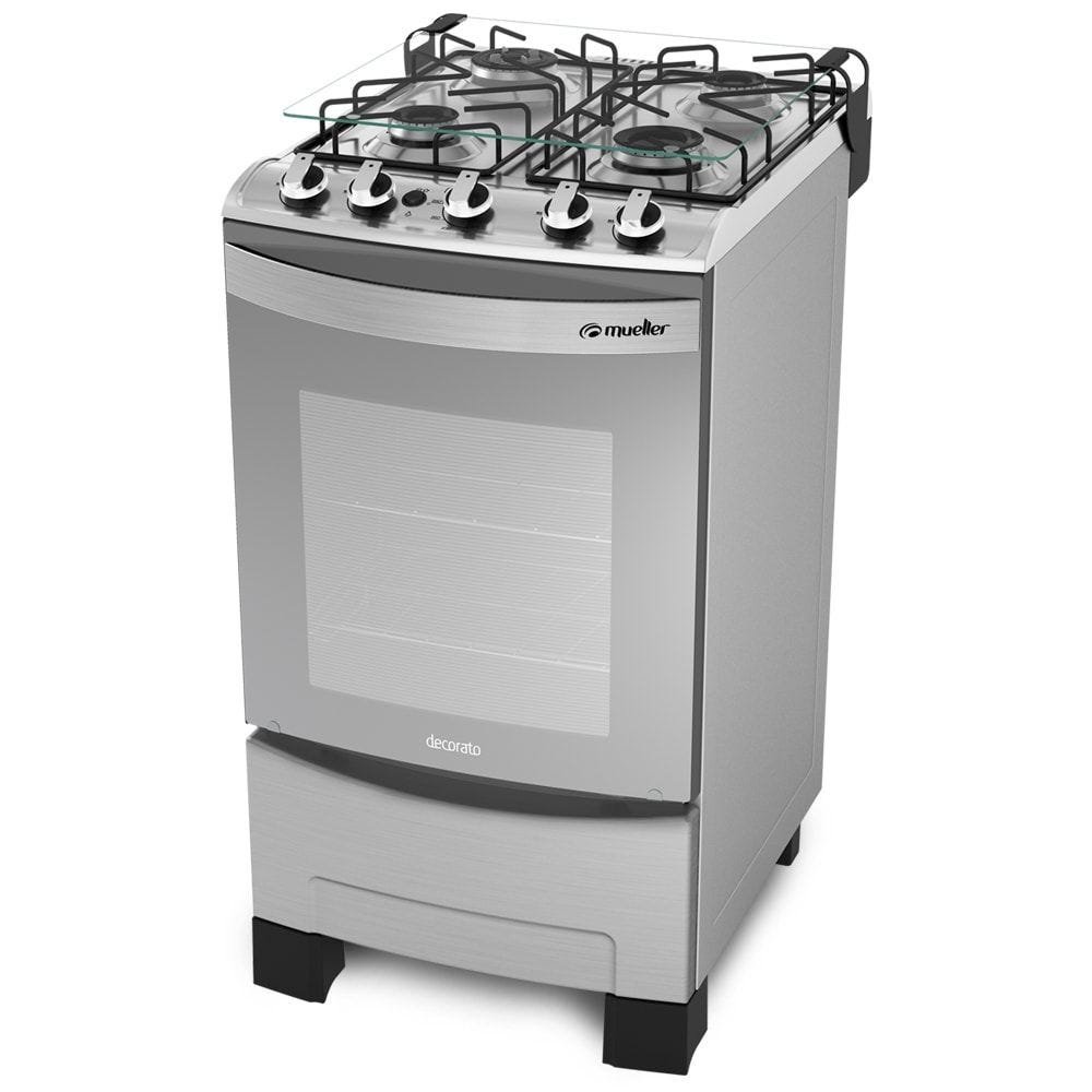 Fogão Decorato 4 bocas Inox com Dupla Chama e Vidro Espelhado