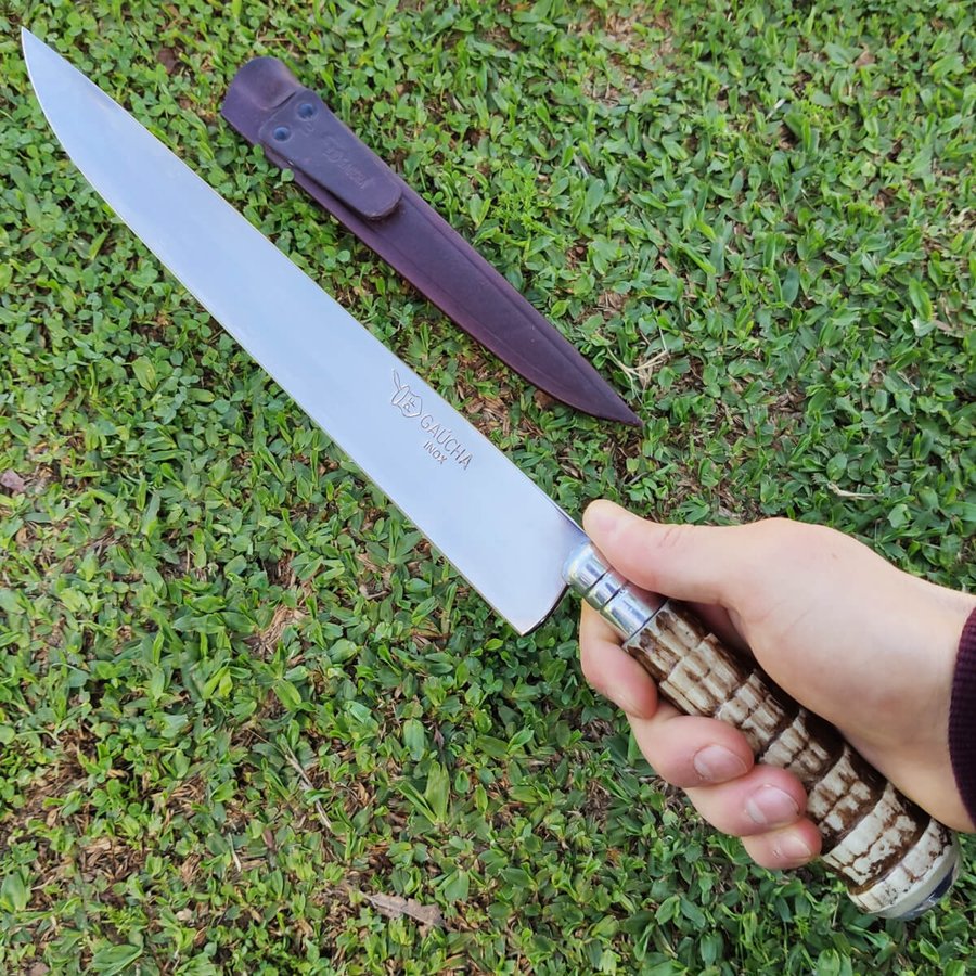 Faca Gaúcha Rabo de Tatu 10' Estreita Churrasco Afiada Bainha Couro Aço ...