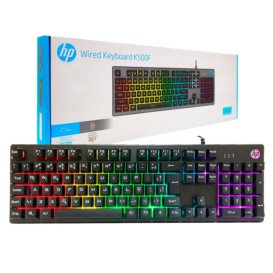 Teclado Gamer Hp K500f Usb Membrana Led Rgb Abnt2 Preto