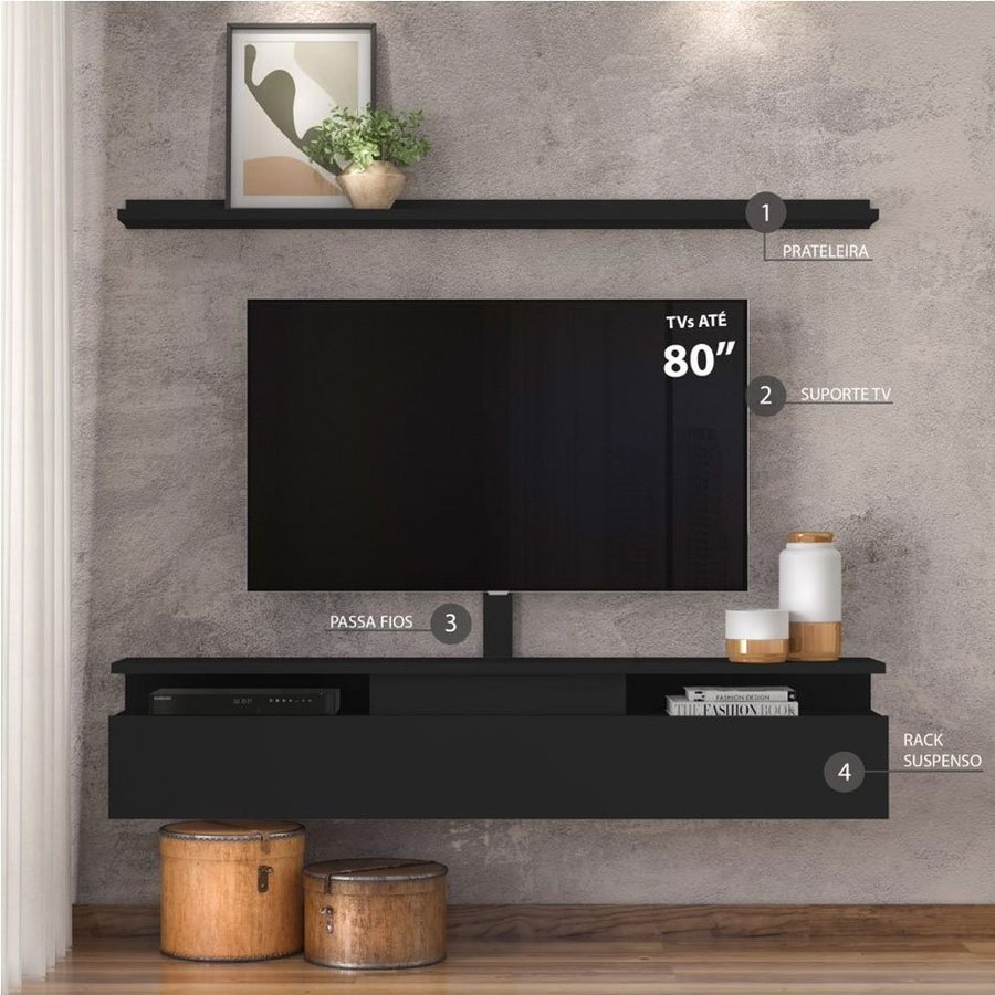 Rack Suspenso Preto 181cm Prateleira Suporte TV até 80 Polegadas sem painel
