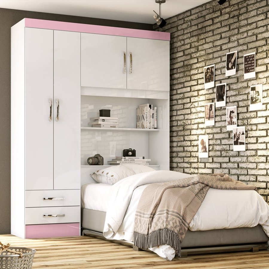 Guarda Roupa Henn 4 Portas 2 Gavetas Ponte Branco e Rosa