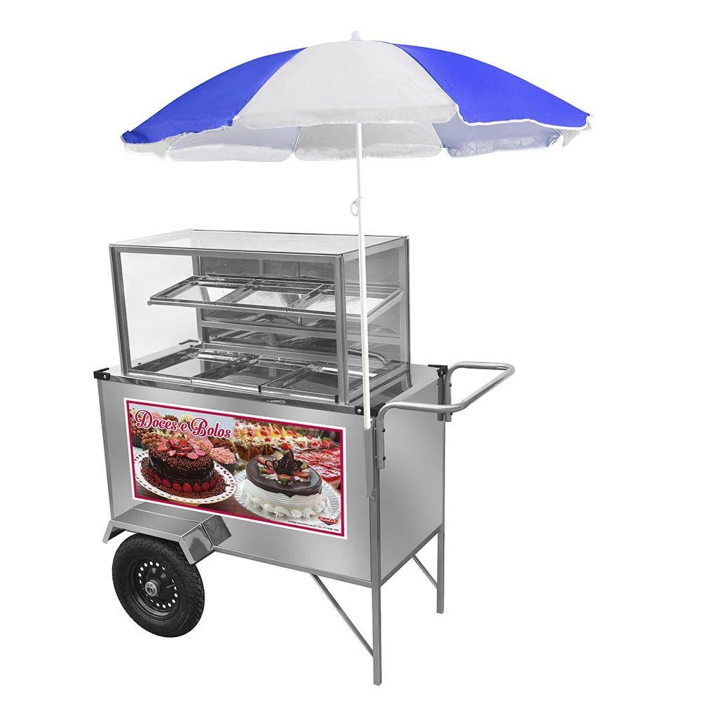 Carrinho de Doces Cefaz Inox Rodas Pneumáticas e Guarda Sol L25P/GS