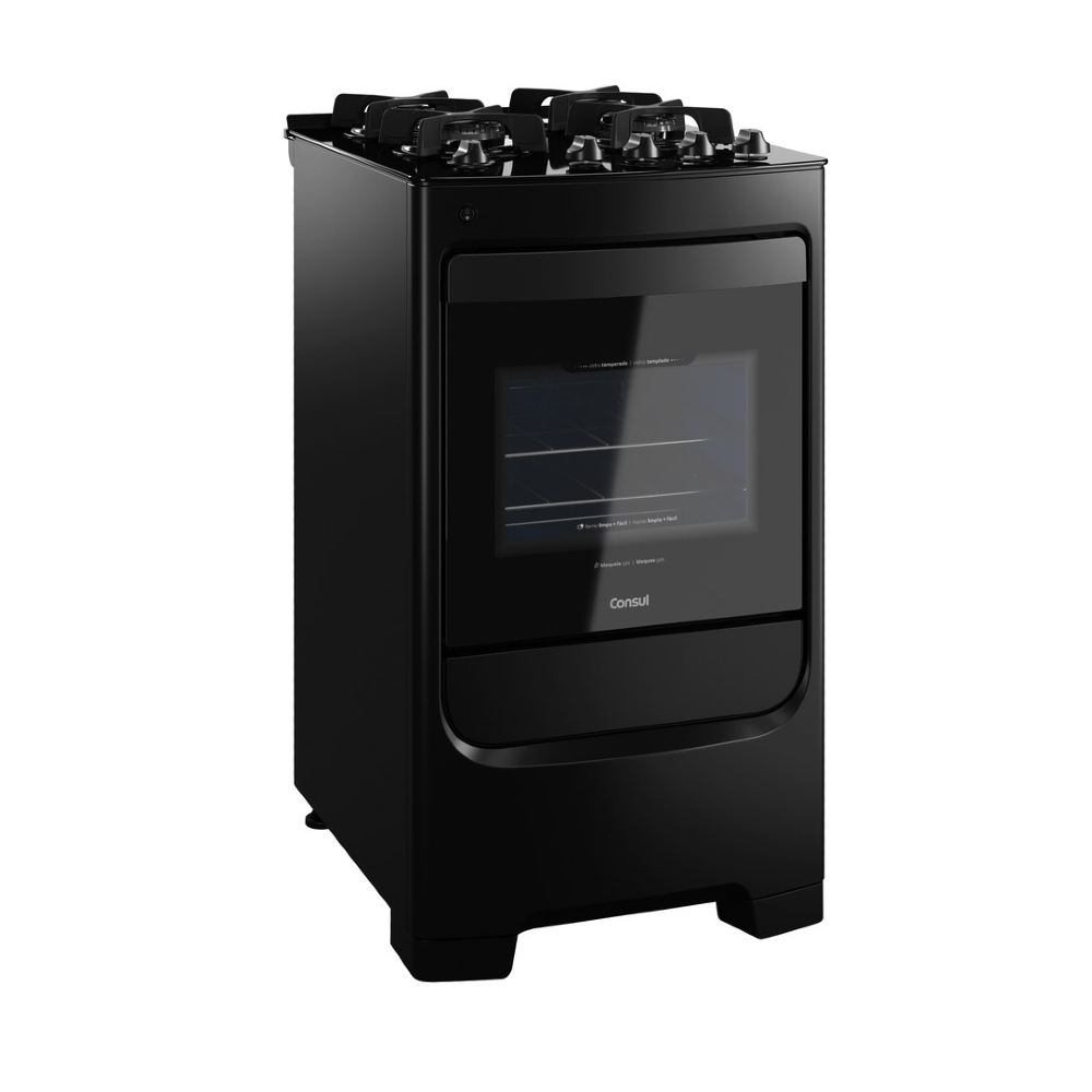 Fogão Consul 4 bocas Preto com mesa de vidro e grades individuais de ...
