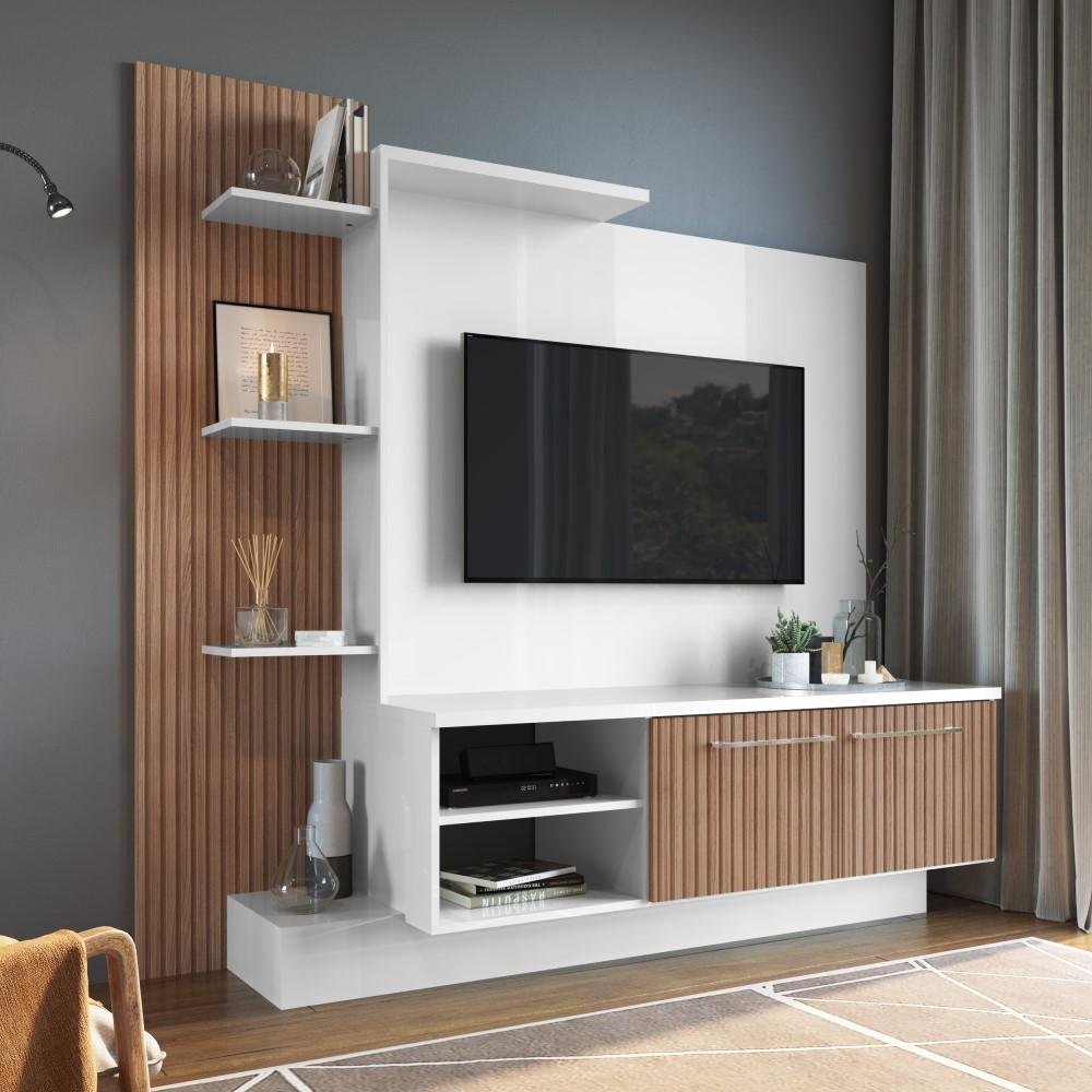 Rack Com Painel Home TV 52 Polegadas 2 Portas Branco Marrom