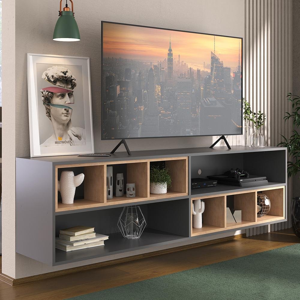 Rack para TV 75" Suspenso com Nichos Jazz Multimóveis MP1021 Grafite/Rustic