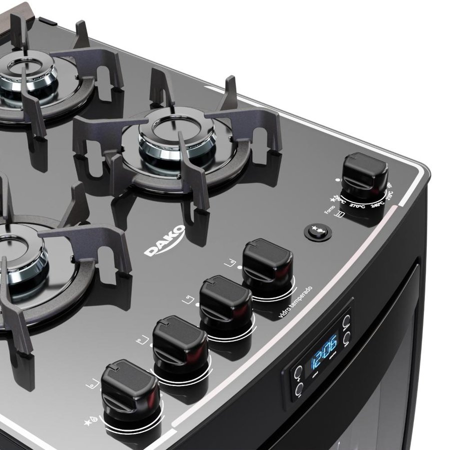Fogão 4 Bocas Preto com Mesa de Vidro e Timer Digital Dako Supreme Black Glass Bivolt