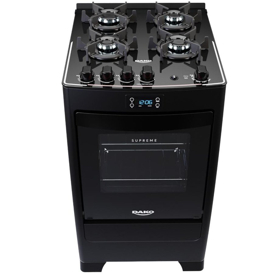 Fogão 4 Bocas Preto com Mesa de Vidro e Timer Digital Dako Supreme Black Glass Bivolt