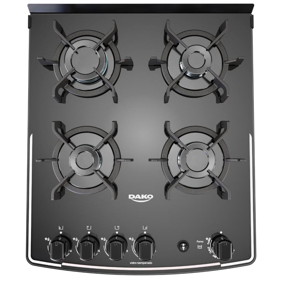 Fogão 4 Bocas Preto com Mesa de Vidro e Timer Digital Dako Supreme Black Glass Bivolt