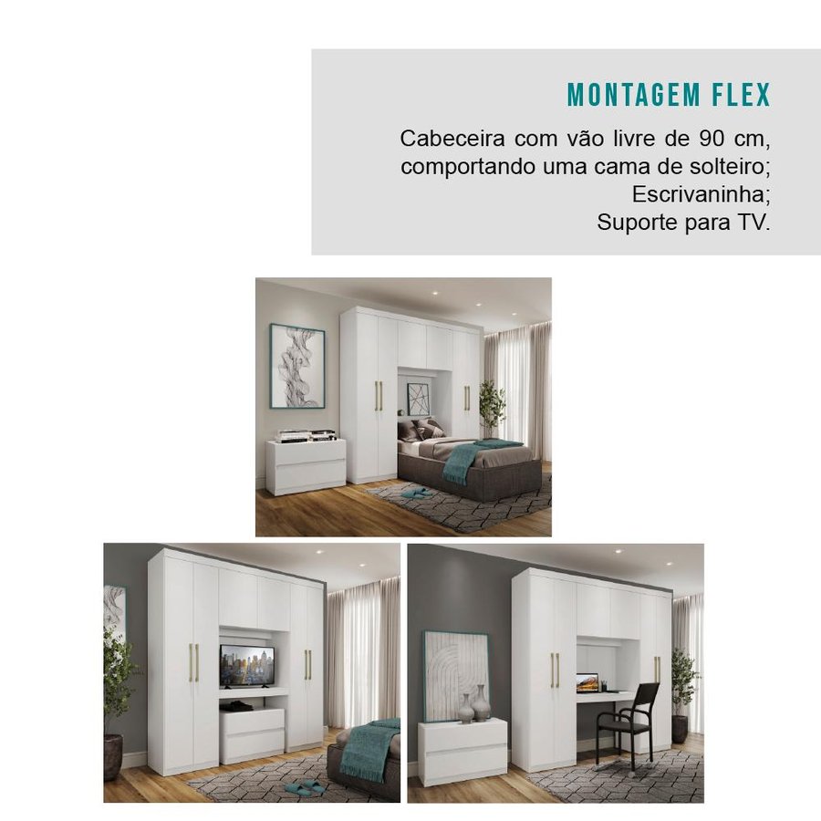 Guarda Roupa Solteiro 6 Portas 2 Gavetas Porto Branco com Escrivaninha ...