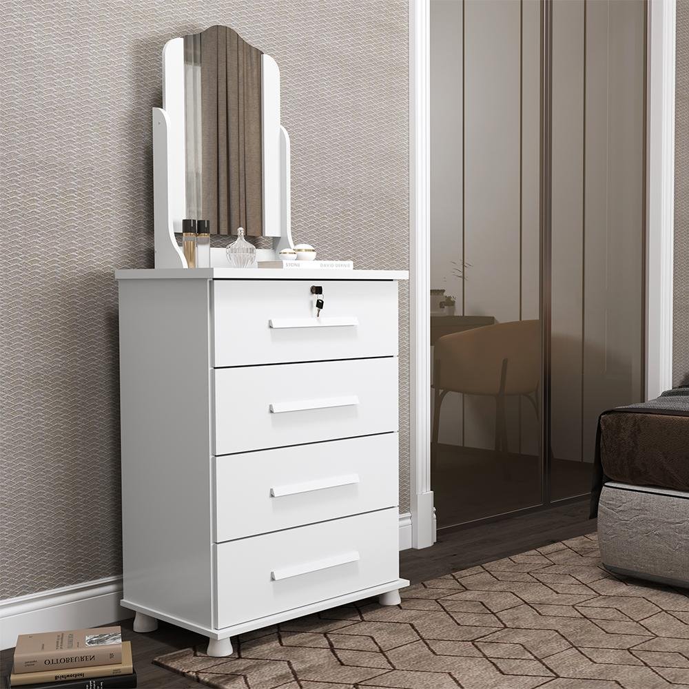 Cômoda Dalila New Com 4 Gavetas e Espelho - Branco - Patrimar Móveis