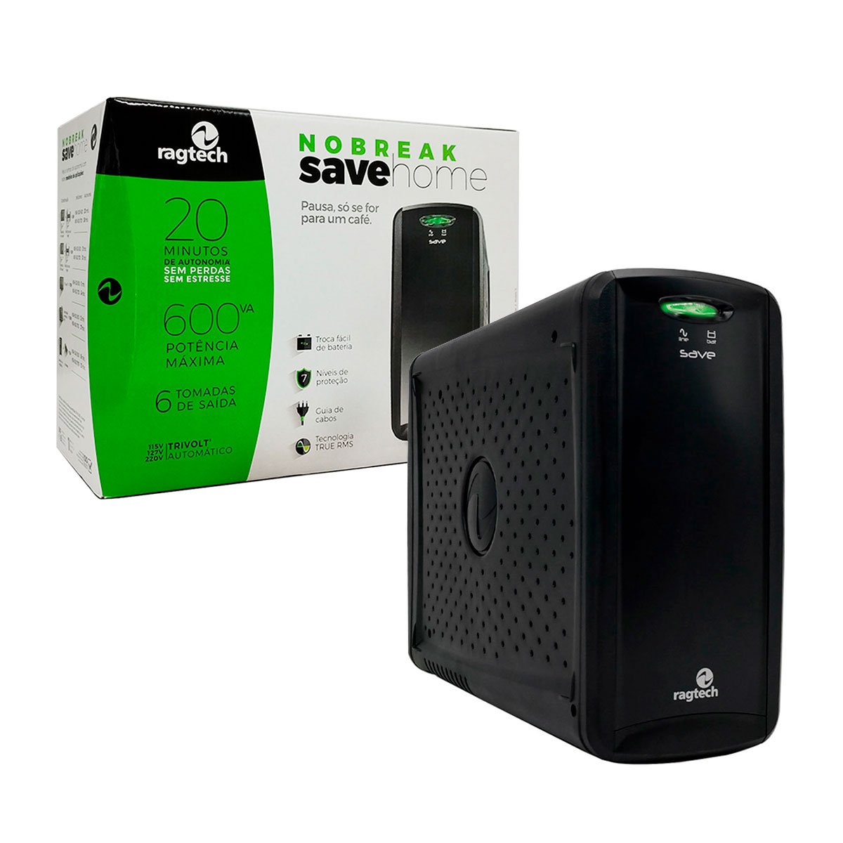 Nobreak 600VA Ragtech Save Home, STD-TI, Entrada Bivolt, Saída 115V, 6 ...