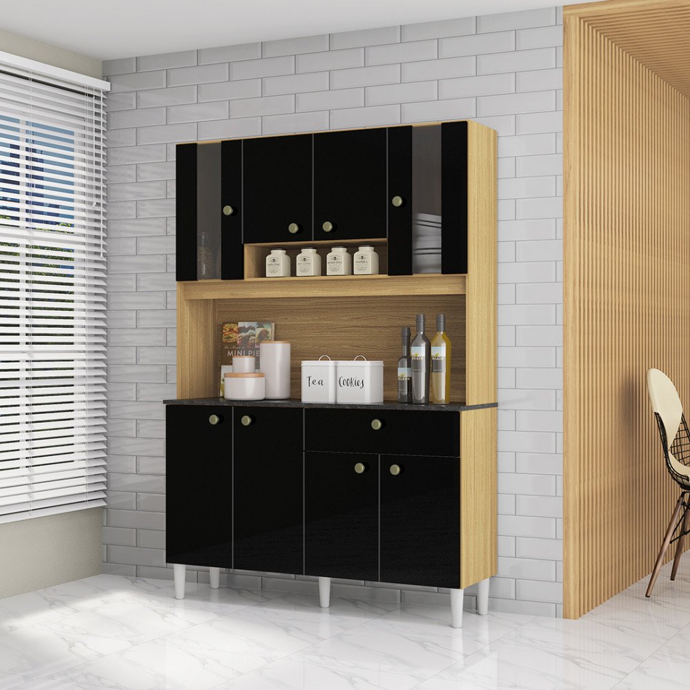 Kit Cozinha Poquema Onix 8 Portas 1 Gaveta - Preto/Castanheira