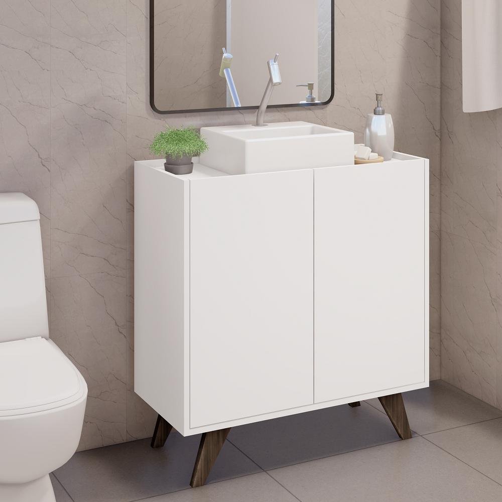 Gabinete Banheiro Simples Com 2 Portas Branco Marrom Madeira