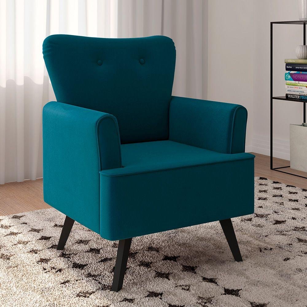 Poltrona Pés De Madeira Judite Veludo Turkey Azul Petróleo