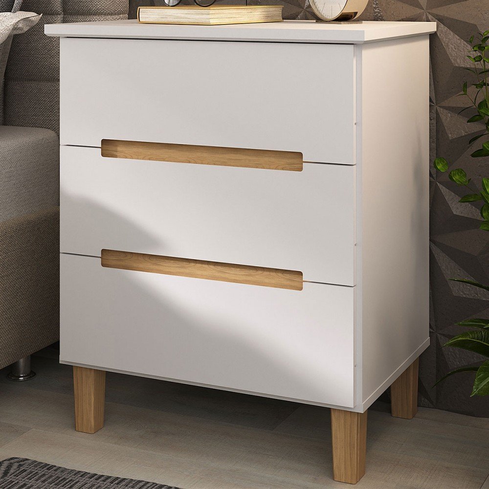 Mesa De Cabeceira 3 Gavetas Branco/olmo Italiano - Manbel