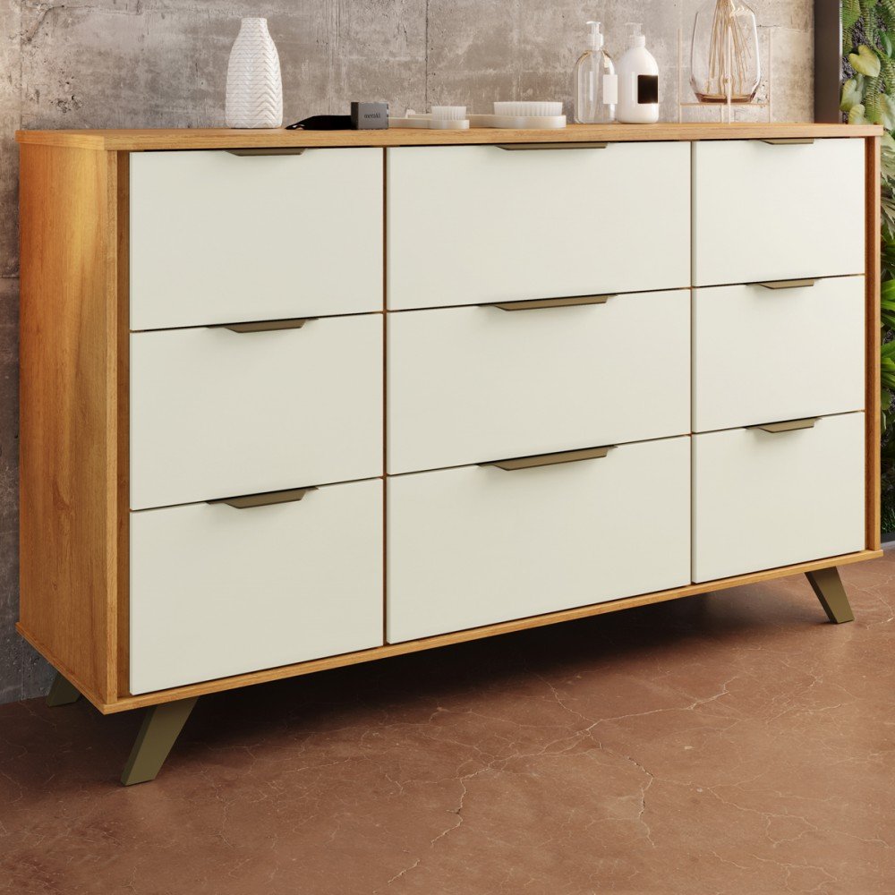 Cômoda Olímpia 9 Gavetas 100% Mdf Peroba/off White - Europa Móveis