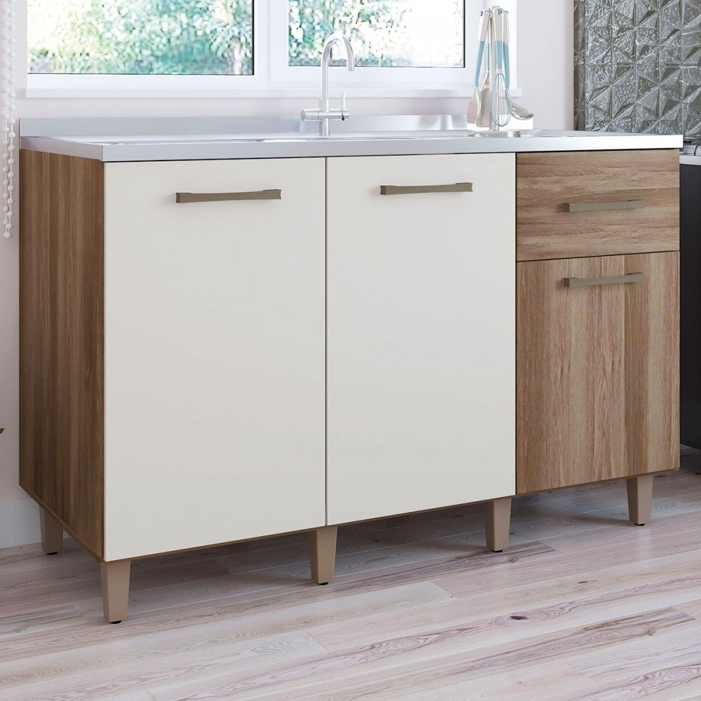 Balcão De Cozinha Para Pia Larissa Pop 2 Portas 3 Gavetas Naturale/off ...