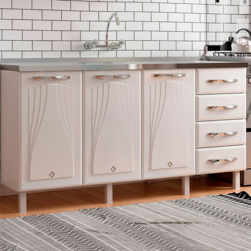 Balcão De Cozinha Para Pia Em Aço Star New 3 Portas 4 Gavetas Branco ...