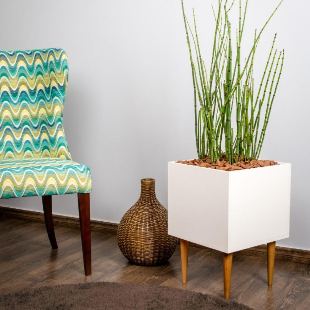 Vaso Cachepot Para Plantas e Flores Grande Sala Jardim Decorativo Quadrado Pés Branco Marrom Madeira