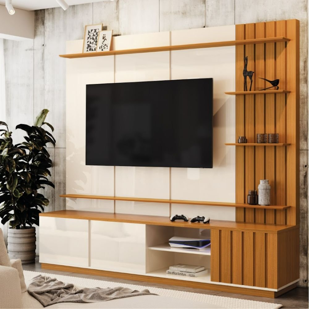 Estante Home Teather para TV até 75 Polegadas 3 Portas 2,18m Ripado Cedro/Off White Reno EDN