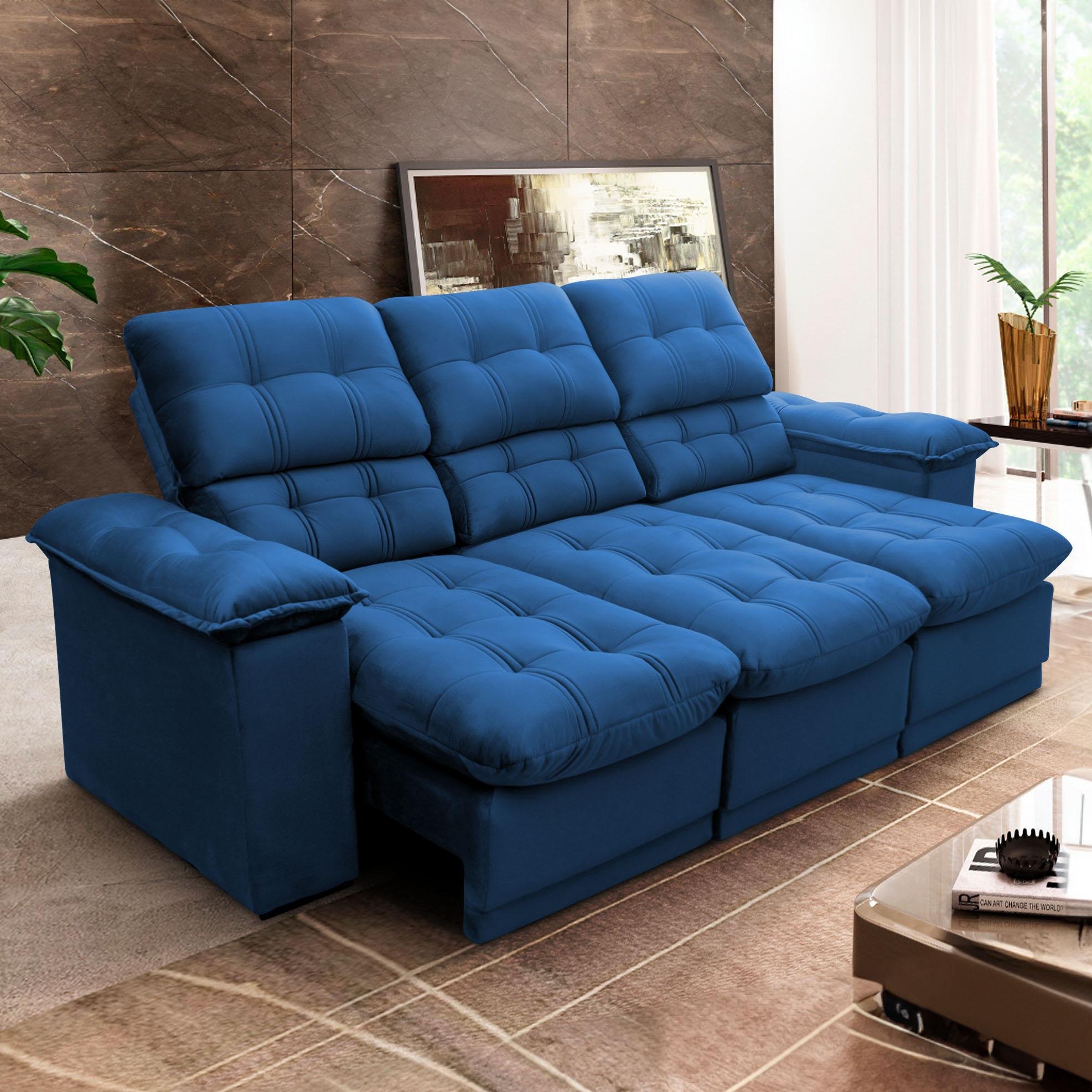 Sofa Retratil Reclinavel Atenas 2 30m Suede Velut Azul Marinho Molas No Assento King House