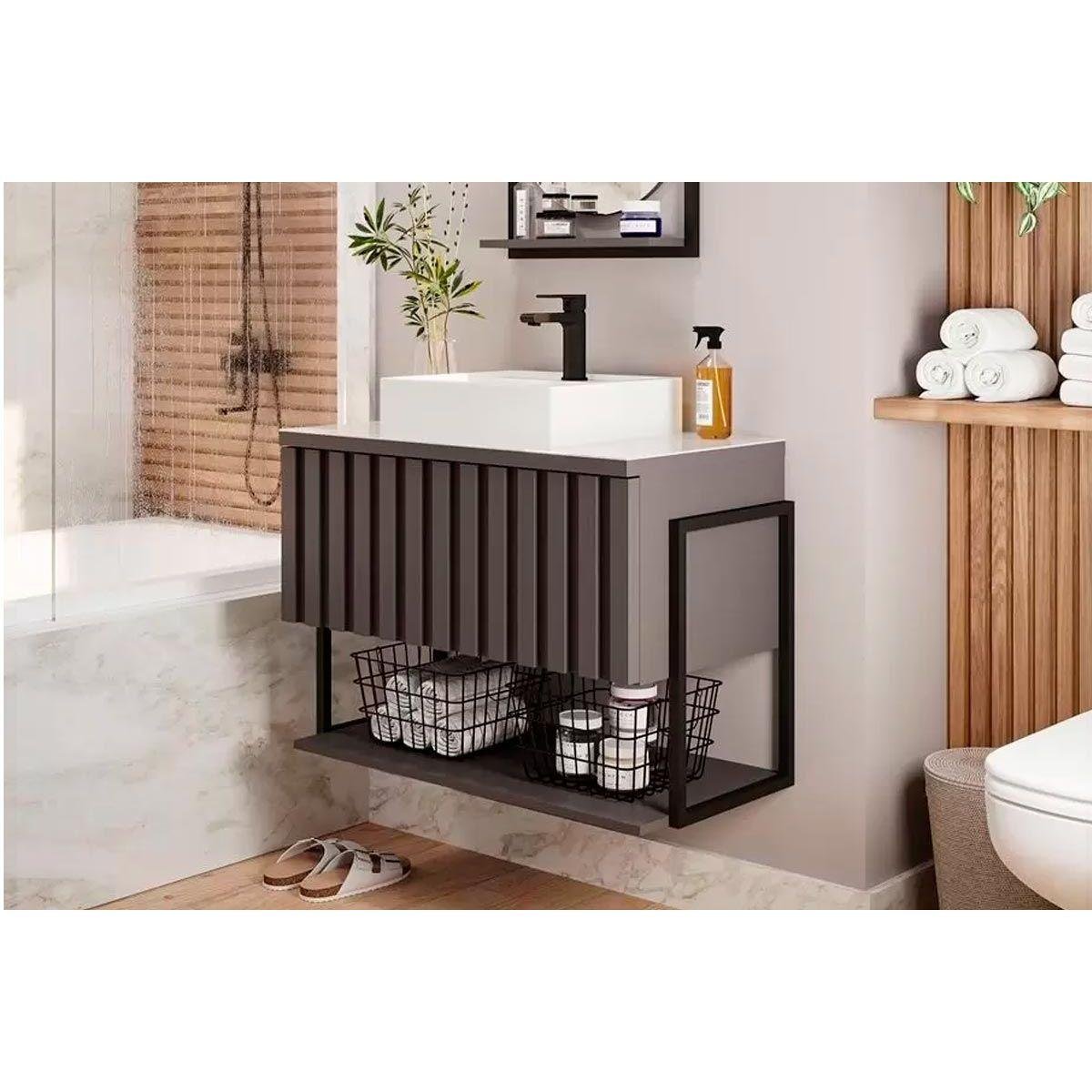 Conjunto de Banheiro Suspenso Frisê Havaí Ripado 1Pta Basculante c/Cuba ...