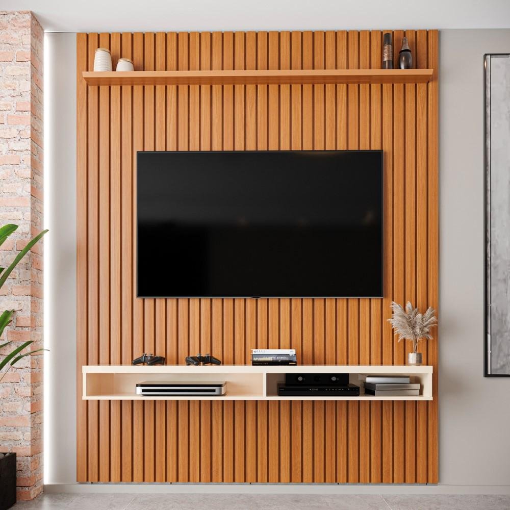 Painel Ripado para TV Até 75 Polegadas Intense com Nicho 184cm Cor:Cedro/Off White