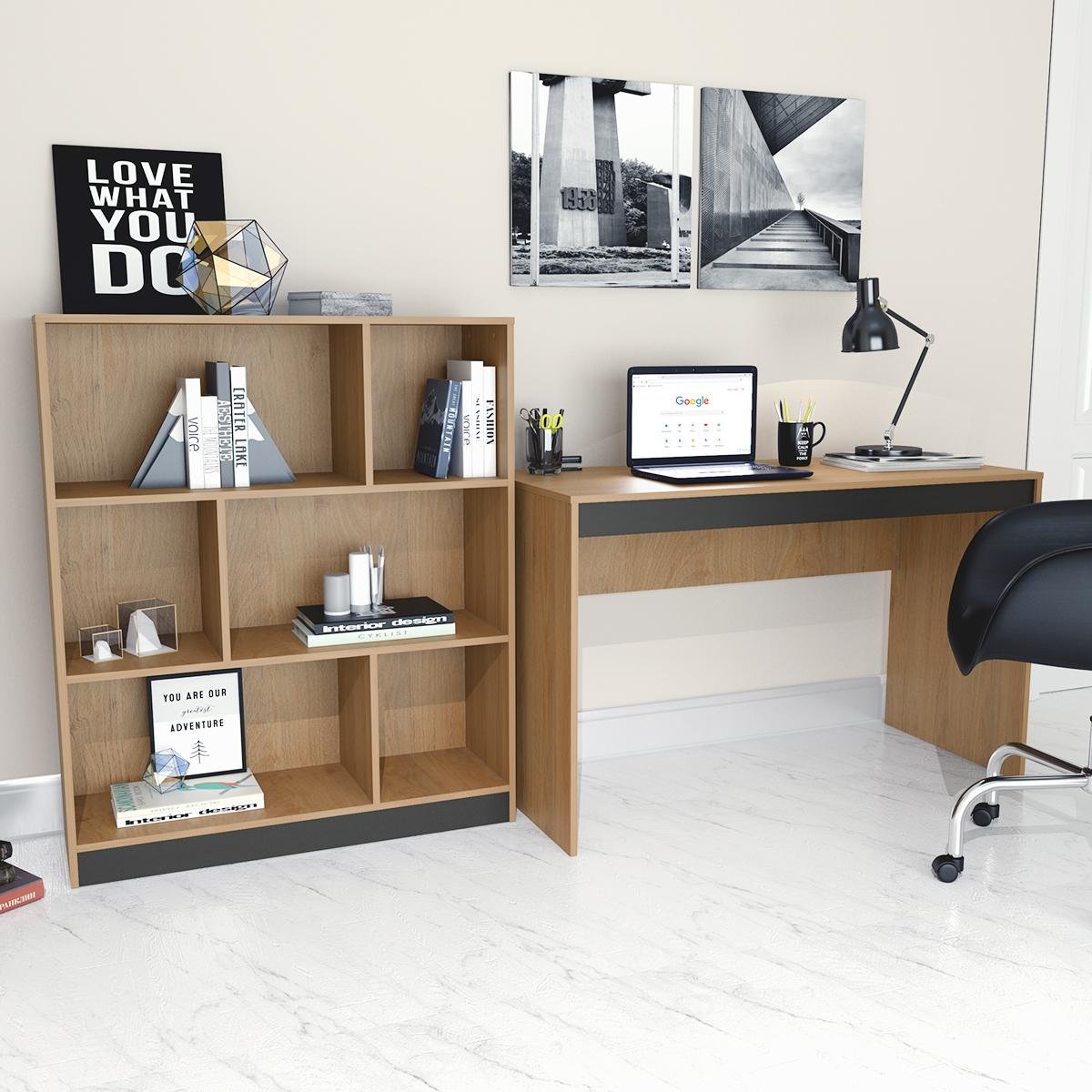 Conjunto Mesa e Estante Para Escritorio B29 Mell Preto NOVAM