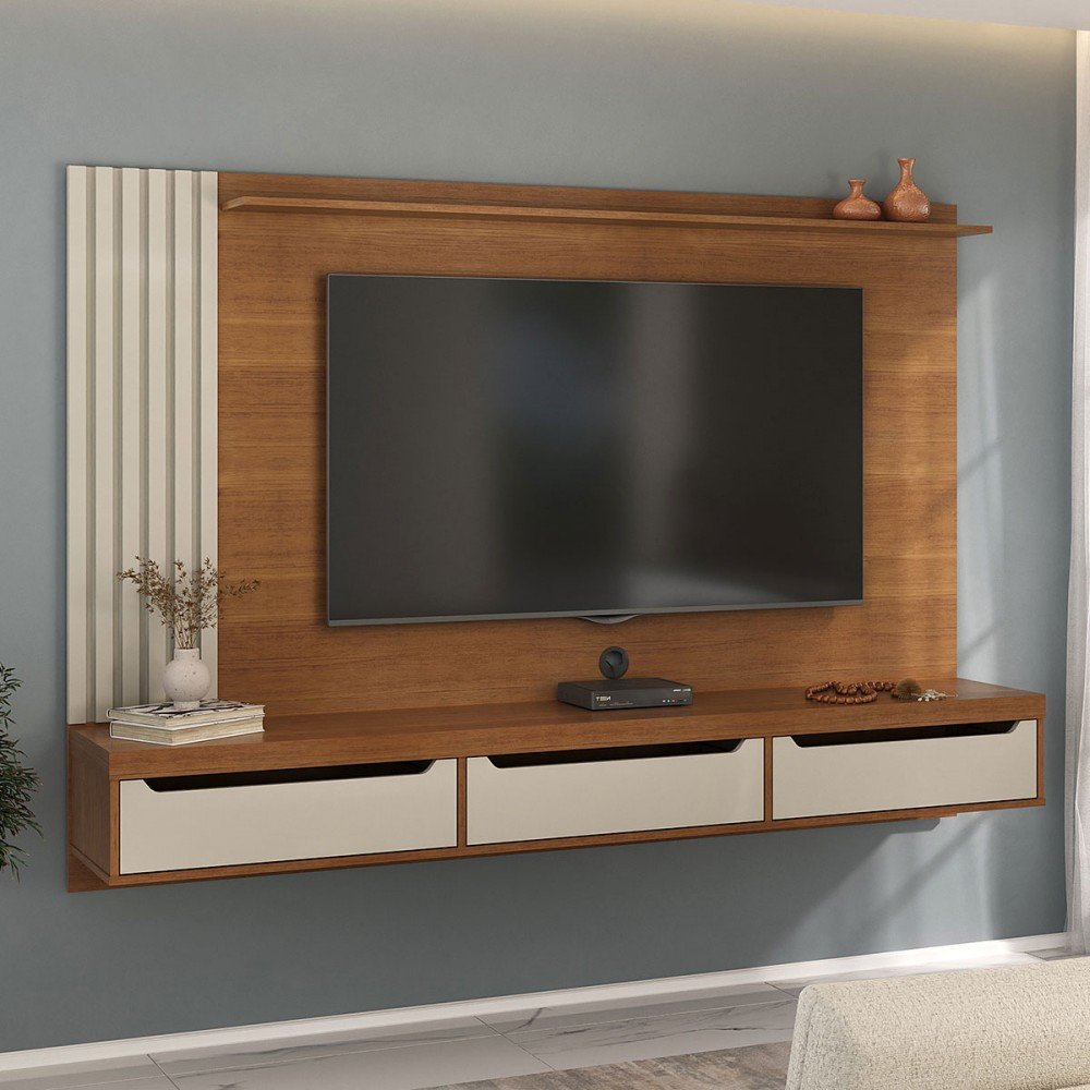 Painel para TV Até 75 Polegadas Luxo 3 Gavetas Cinamomo/Off White - Pnr Móveis