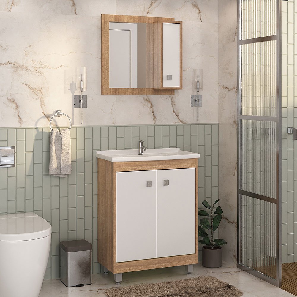 Conjunto Balcão de Banheiro com 3 Portas e Cuba Mel/Branco Viena - Ozini