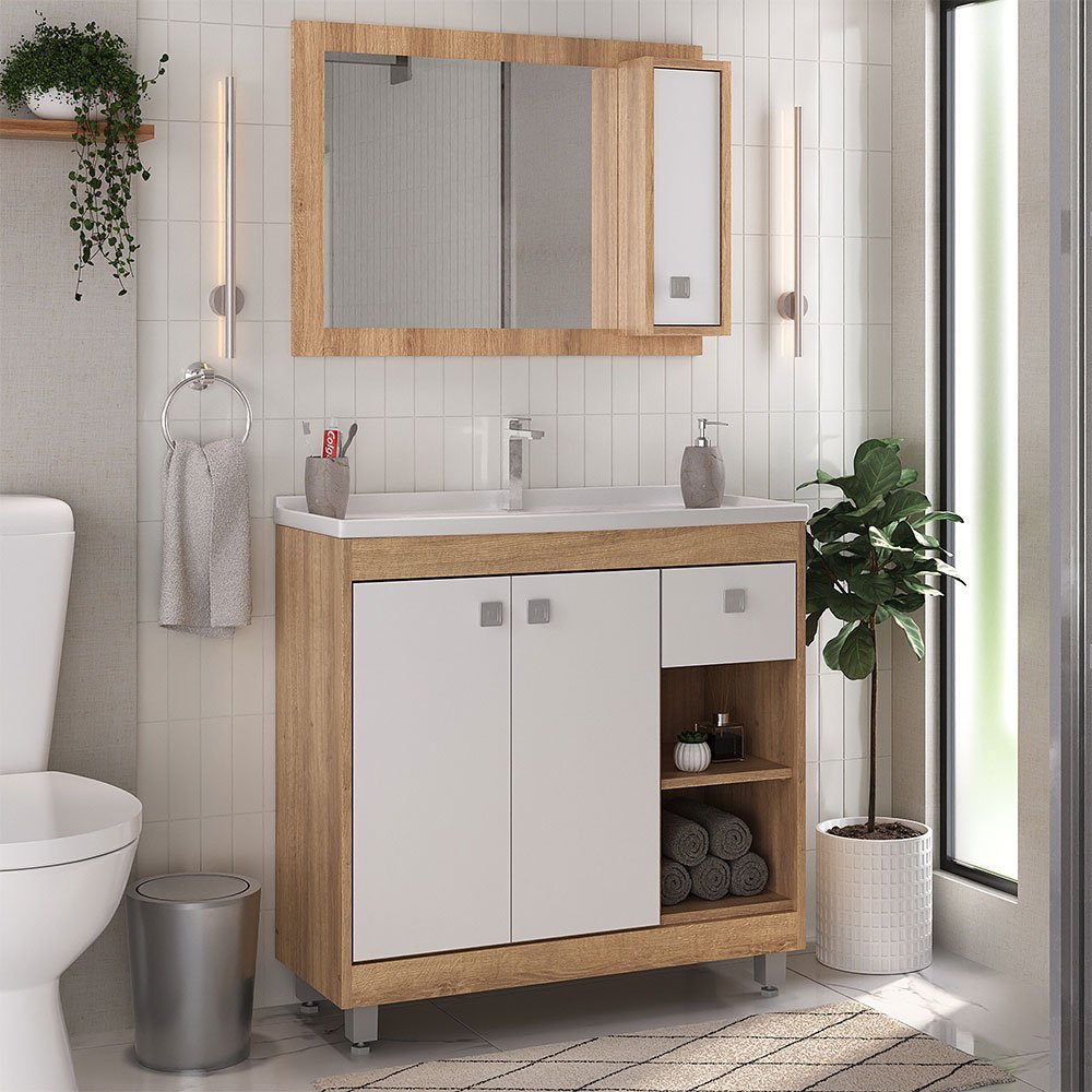 Conjunto Balcão para Banheiro com 3 Portas 1 Gaveta Mel/Branco Viena ...