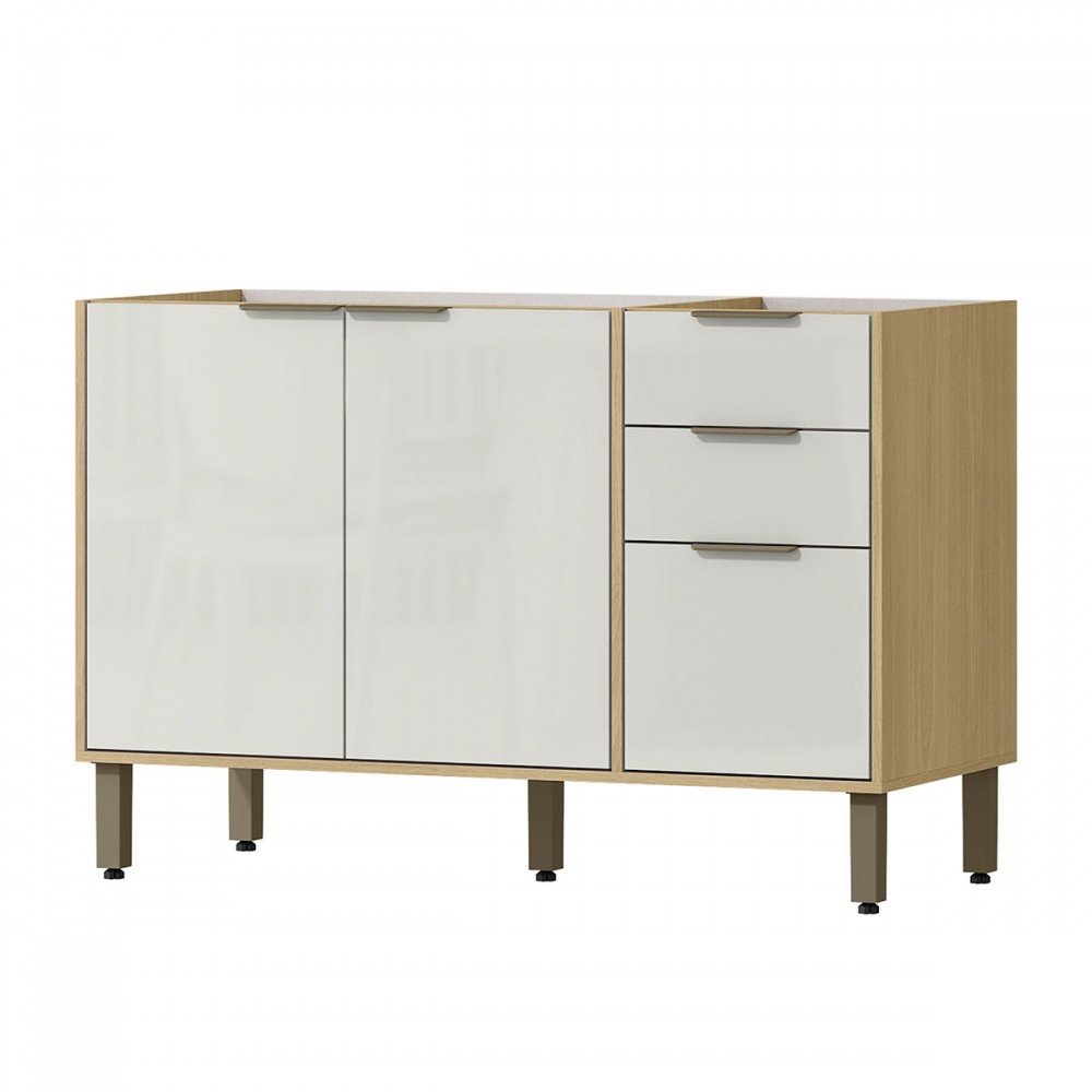 Balcão de Cozinha para Pia 120 Cm Glória 3 Portas 2 Gavetas Castanho/Off White - Mx Móveis