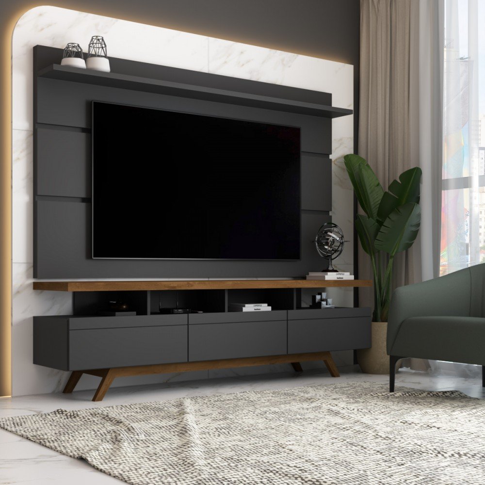 Rack com Painel para TV Até 72 Polegadas Armênia 3 Gavetas Black/Freijó ...