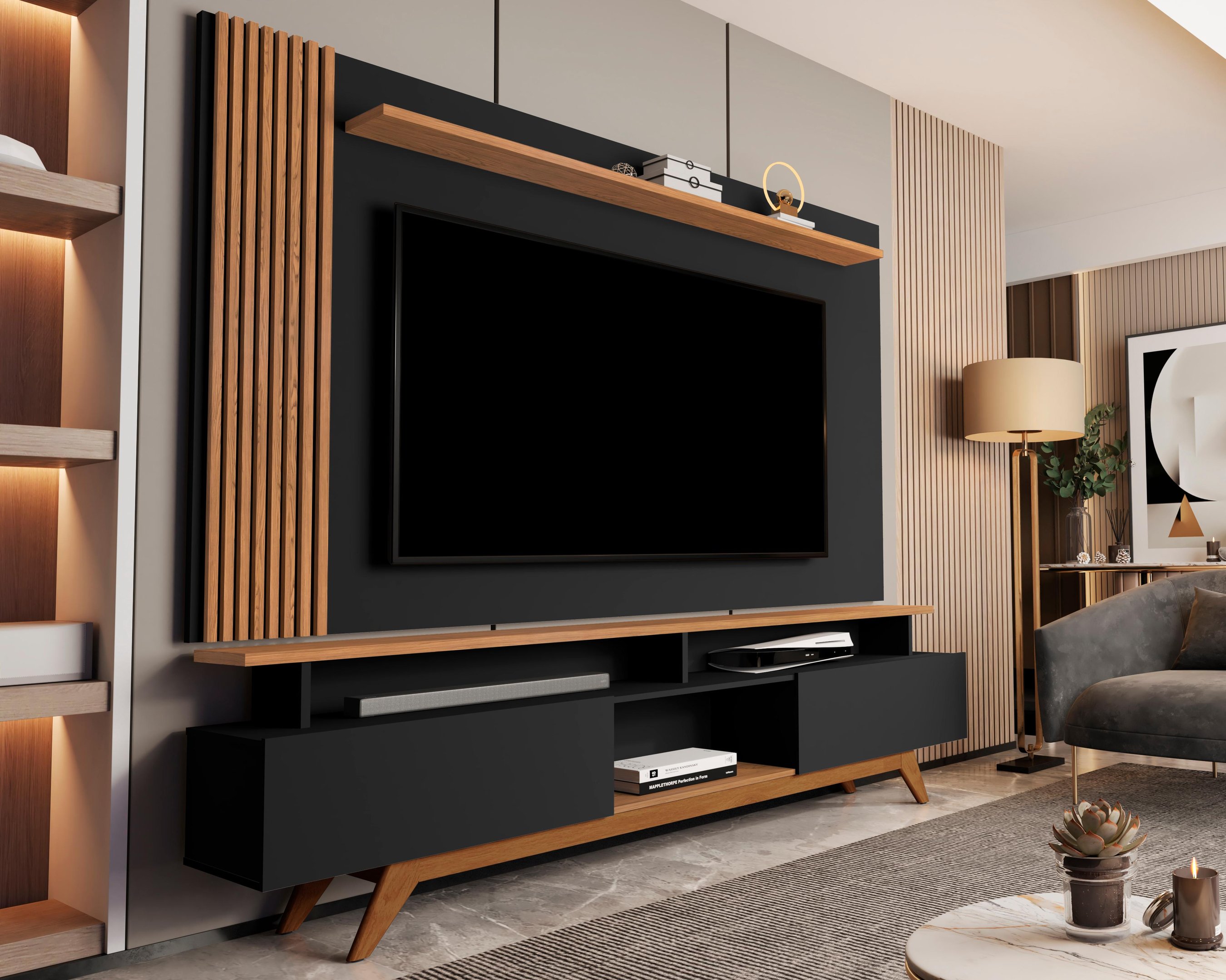 Rack com Painel Ripado para TV até 70 Polegadas 2 Gavetas Grécia 180cm - Preto e Nature