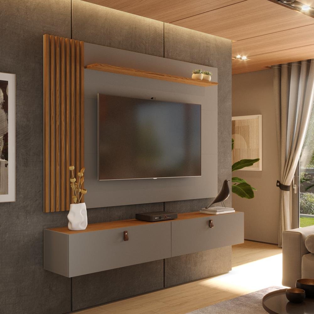 Rack com Painel Ripado Suspenso para TV até 70 Polegadas 2 Portas Grécia 180cm - Cinza