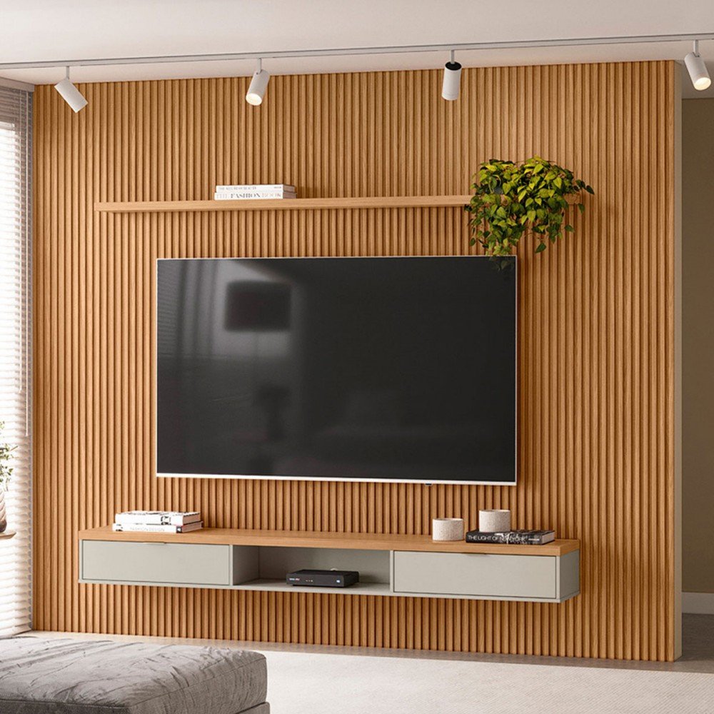 Painel para TV Até 75 Polegadas 2 Portas 300 Cm Nature Ripado/Off White ...
