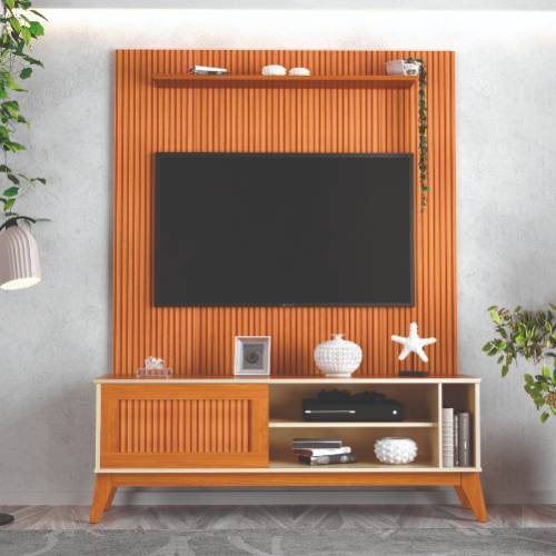 Rack Bancada Aruba Com Painel Para TV Até 55 Polegadas 1,35m Egeo Cedro/Off White Ripado ...