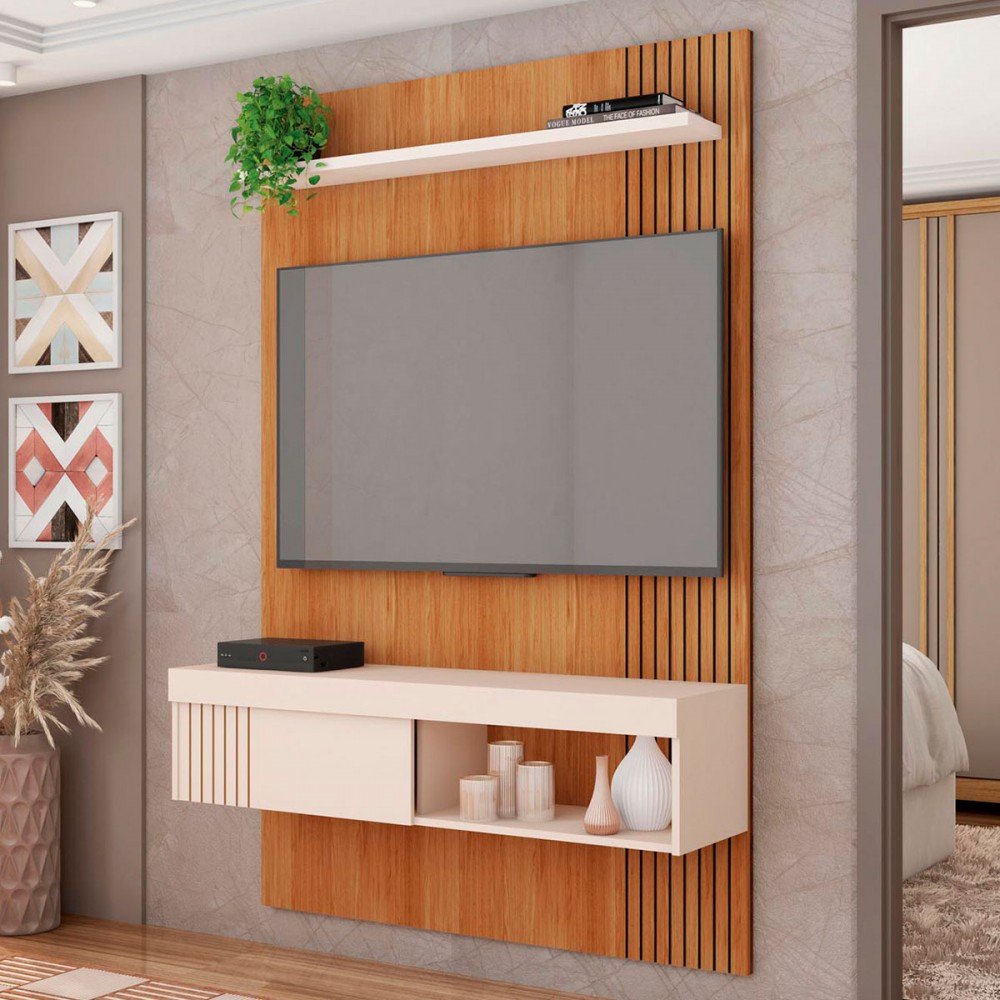 Painel para TV Até 50 Polegadas Jade 1 Porta com Ripado Freijó/Off White - Caemmun