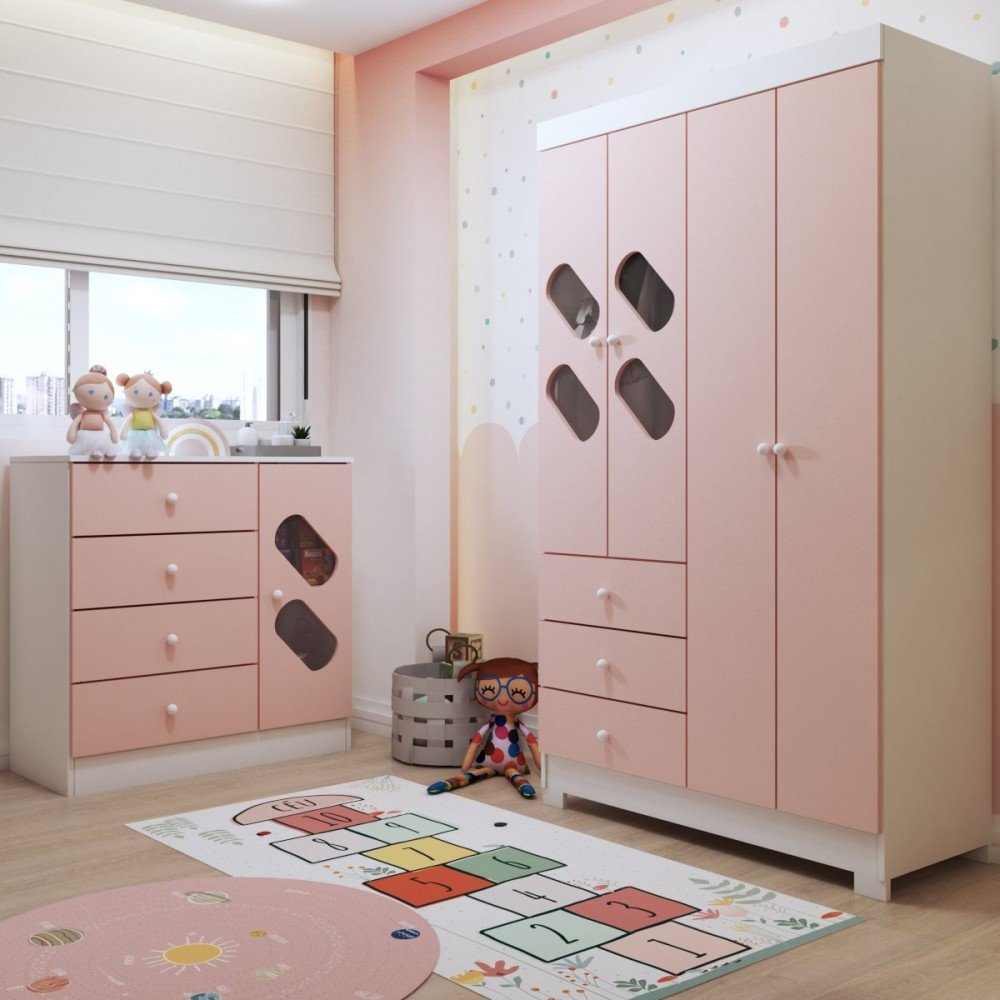Quarto Infantil Completo Escotilha 5 Portas 7 Gavetas Rosa/Branco ...