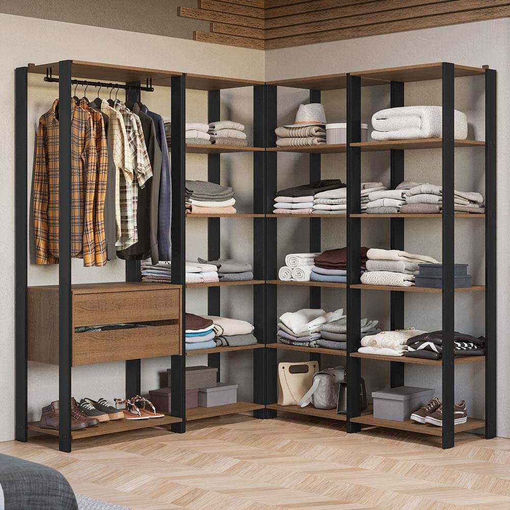 Guarda-Roupa Closet Modulado Valencia 2 Gavetas 337cm Rustic/Preto ...