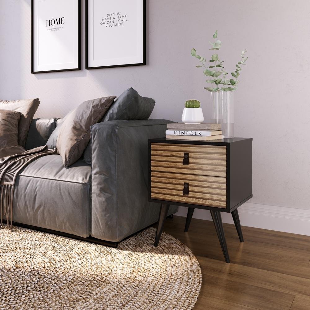 Mesa De Cabeceira Retrô Amber 2 Gavetas Preto Frente Efeito Ripado