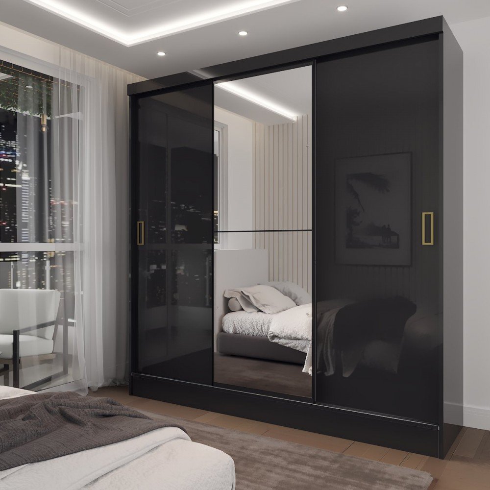 Guarda-Roupa Solteiro Triunfo 3 Portas 2 Gavetas com Espelho Flex Preto ...