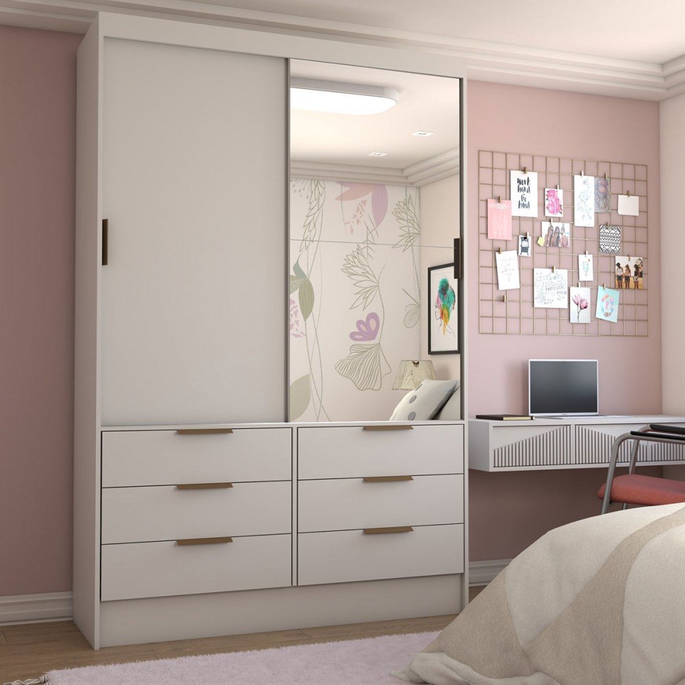 Guarda-Roupa Infantil Cameron 2 Portas de Correr 6 Gavetas com Espelho ...